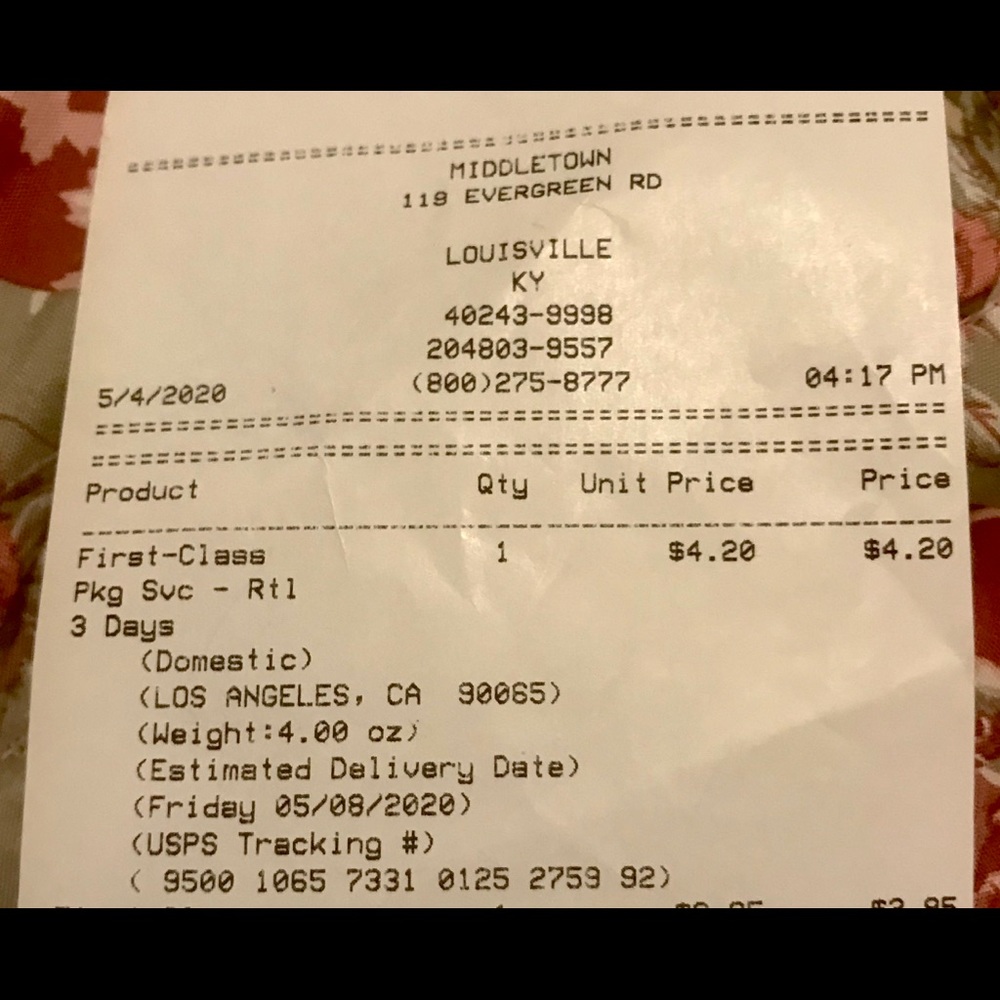 Usps Receipt W/Tracking # 4 Return - Gem